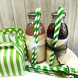 Green Striped Paper Straws - Green White Stripe - Christmas St Patrick's Birthday Supply - 7.75 Inches - 50 Pack