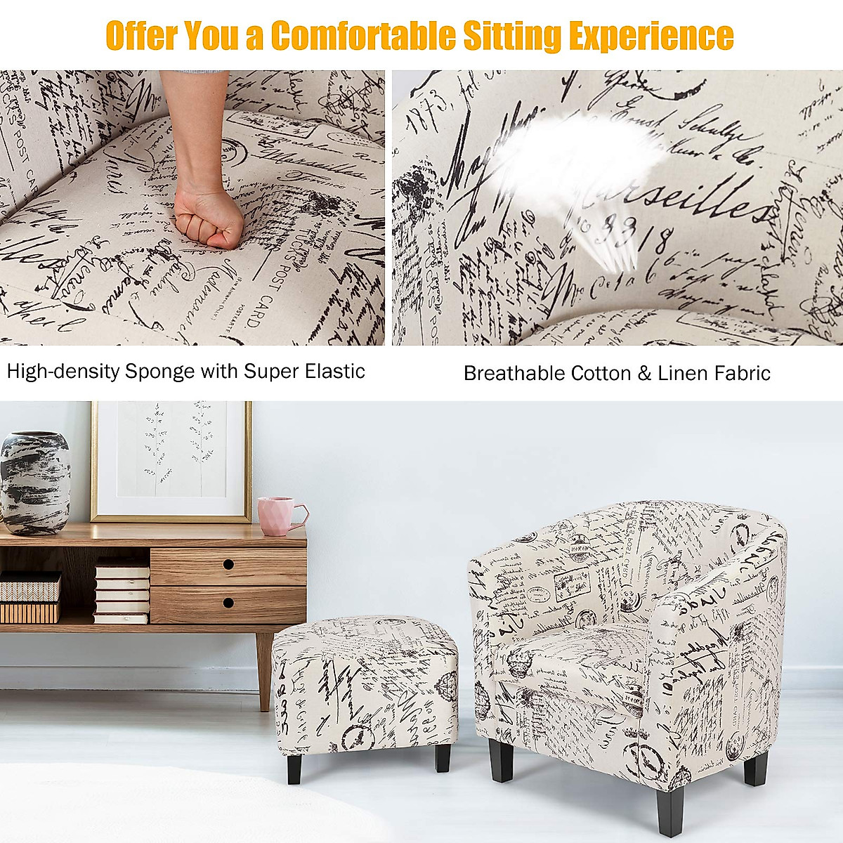 Giantex Modern Accent Chair with Ottoman, Upholstered Barrel Tub Chair and Footrest Set, Linen Fabric Club Arm Chair w/Solid Wood Legs, Ideal for Living Room, Bedroom, Garret