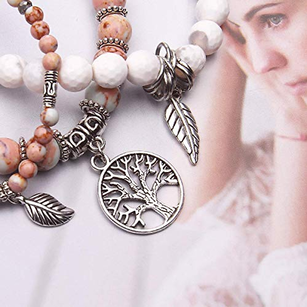 Tree of Life Turquoise Jasper & Tibetan Agate Gemstone Chakra Beaded Bracelet | Beach Charm Bracelet Set - Ocean Jewelry (Brownish Yellow)