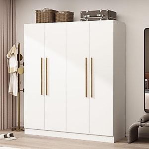 AIEGLE Wardrobe Armoire Closet with 4 Door, 63" Wide Large Freestanding Armoire Wardrobe Cabinet with Shelves & 3 Hanging Rods, Bedroom Wood Clothes Storage Cabinet Organizer, White