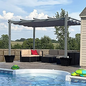 PURPLE LEAF 10' x 13' Outdoor Retractable Pergola with Sun Shade Canopy Patio Metal Shelter for Garden Porch Beach Pavilion Wood Grain Frame Gazebo Modern Yard Grill Pergola, Grey