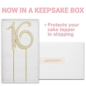 16 Cake Topper - Premium Gold Metal - Sweet 16 Birthday Party Sparkly Rhinestone Decoration Makes a Great Centerpiece - Now Protected in a Box