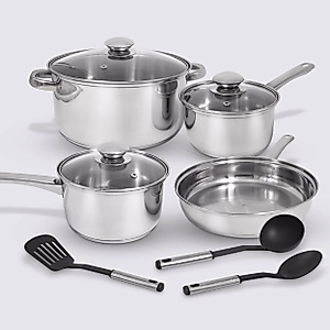 ExcelSteel w/Encapsulated Base & Tools Versatile for Any Kitchen Stainless Cookware Set, 10 Pc