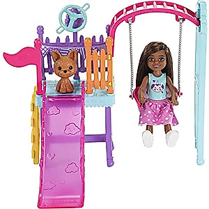 Barbie Chelsea Swing Set Playset with Chelsea Doll (6 in Brunette) Wearing Star-Print Skirt, Pet Puppy, Swing & Slide, Gift for 3 to 7 Year Olds