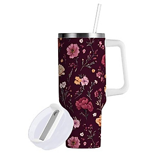 linqin Pink Flowers Peonies Burgundy Vacuum Tumbler Insulated Leak-proof Lid and Straw 40 oz Stainless Steel Water Bottle Reusable Office Mug for School, Daycare, Camp