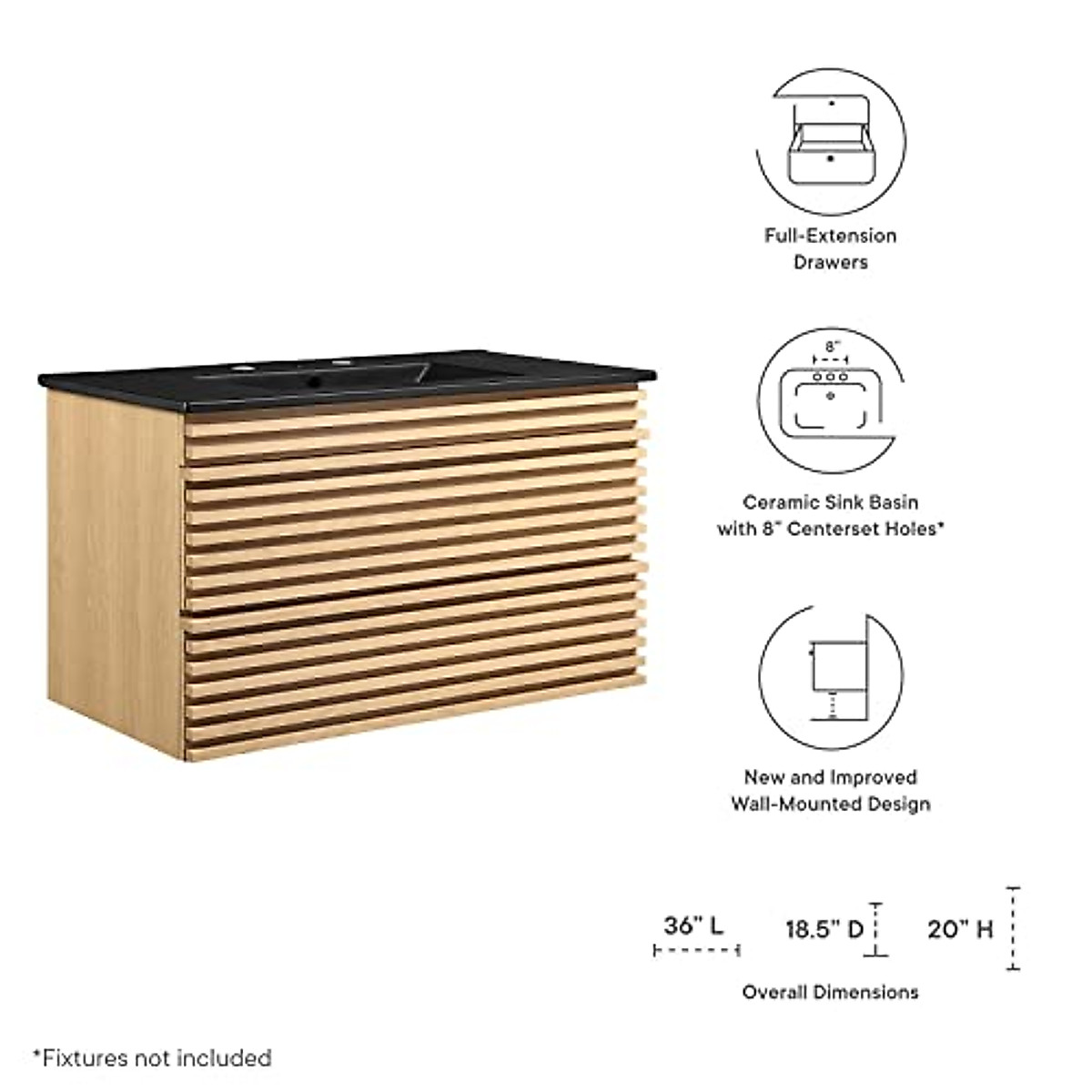 Modway Render 36" Wall-Mount Bathroom Vanity in Oak Black