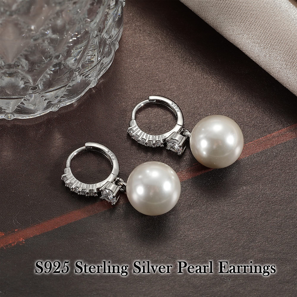 RITACH Pearl Earrings for Women 925 Sterling Silver White Gold Dangle Drop Earrings 5A Cubic Zirconia Pearl Drop Earrings Large Size 12mm (B-Pearl Drop)