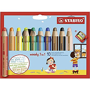 Multi-talented Pencil - STABILO woody 3-in-1 - Wallet of 10 - Assorted Colors + Sharpener