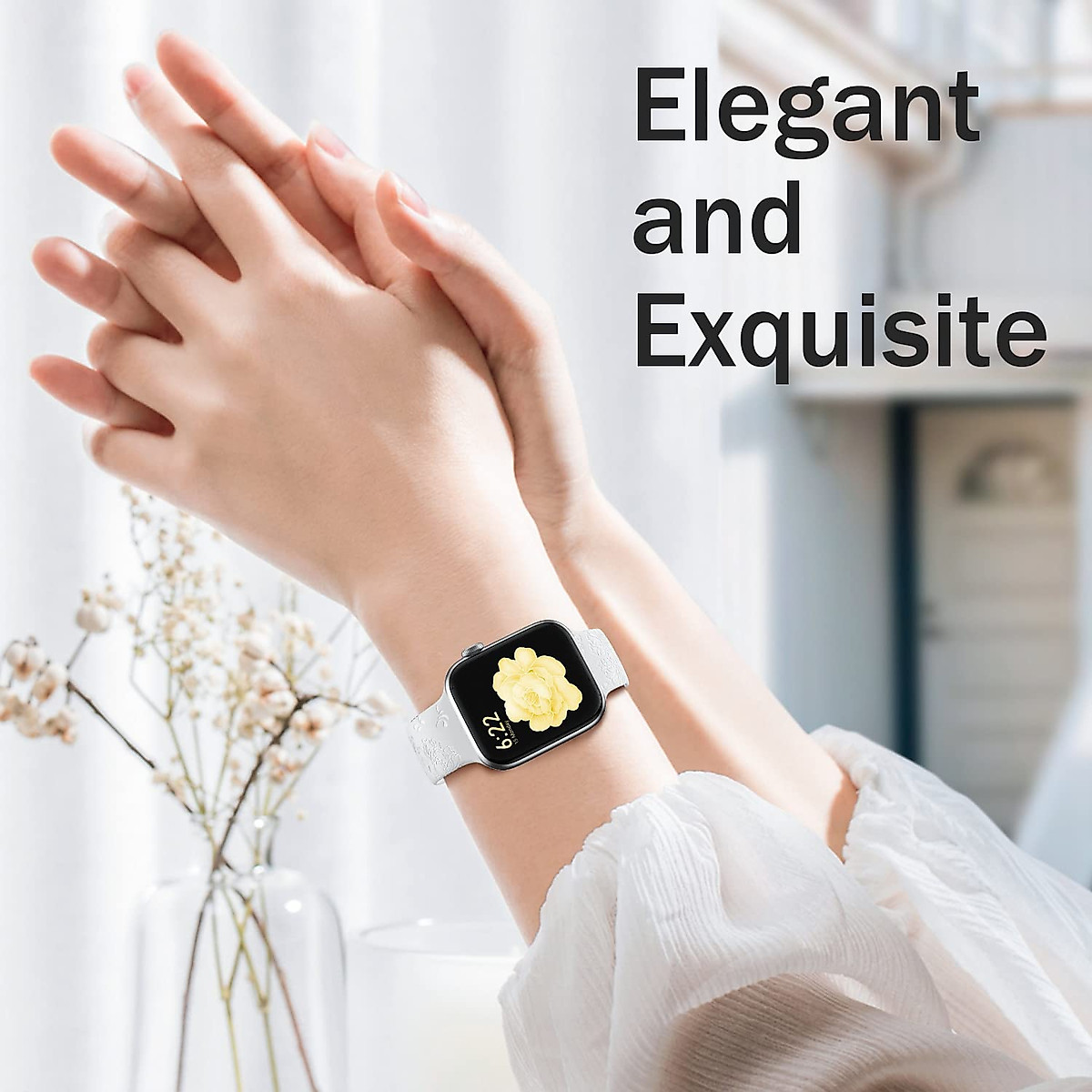 5 Pack Flower Engraved Silicone Band Compatible With Apple Watch Band 38mm 40mm 41mm, Elegant Peony Fancy Designer Sport Women Band Replacement for iWatch Series 8 7 6 5 4 3 2 1 SE Black White