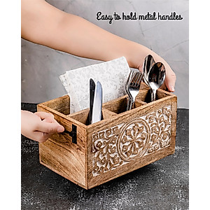 Mie Creations 4 Compartment Wooden Silverware Caddy Utensil Holder, Farmhouse Cutlery Flatware Organizer, Decorative Wood Caddy with Metal Handles for Kitchen Countertop, Picnic, Buffet Party- White