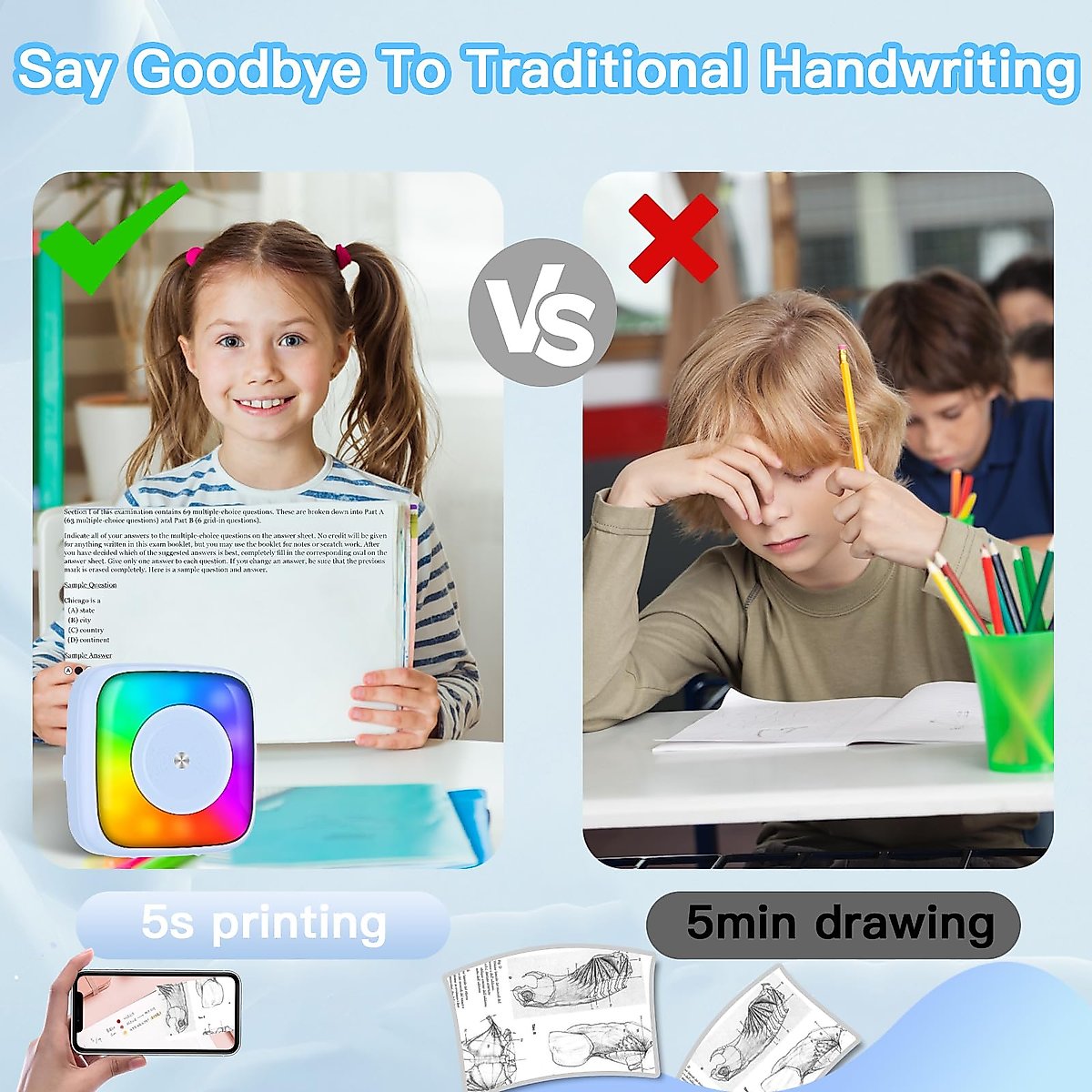 Mini Printer Sticker Printer Print Pod with 6 Rolls Sticker Paper, Seven Color Lighting Modes for DIY Scrapbook, Travel, Notes, Label, Memo, Compatible with iOS&Android