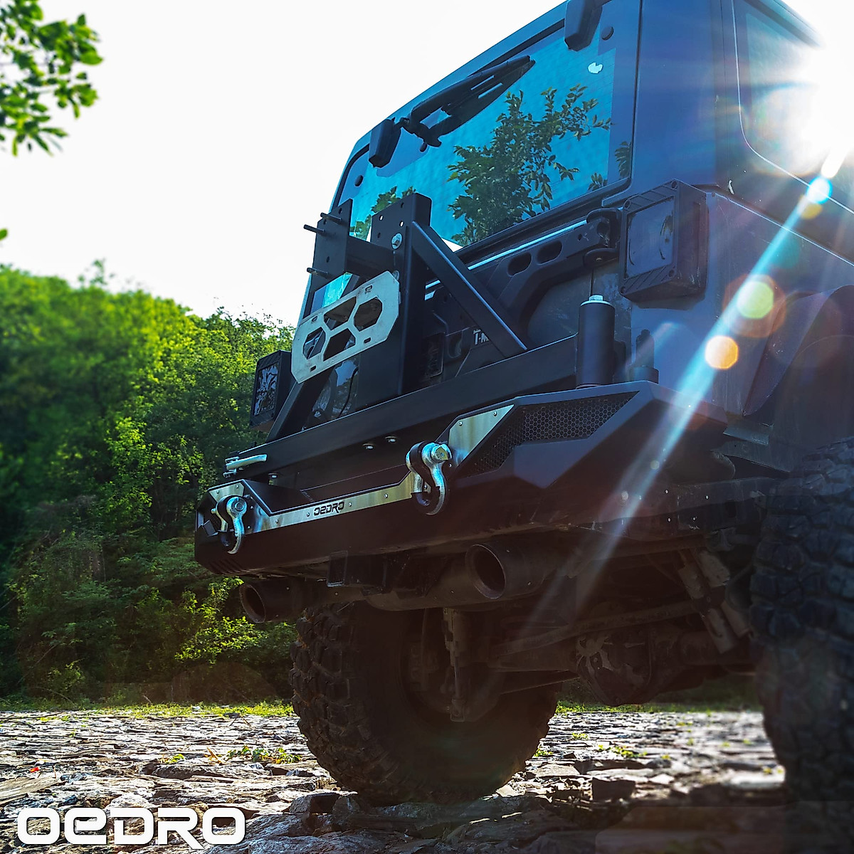 OEDRO Rear Bumper w/Tire Carrier Compatible for 2007-2018 Jeep Wrangler JK & Unlimited JKU, Off Road Full Width Back Bumper w/Hitch Receiver & D-Rings & Reflective Armor