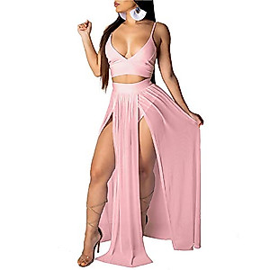 Rela Bota Women's Sexy Summer 2 Piece Maxi Chiffon Dress Crop Top Skirt Set Beachwear Pink 3X-Large
