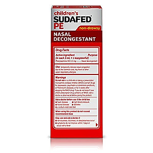 Sudafed Children's PE Nasal Decongestant, Liquid Cold Relief Medicine with Phenylephrine HCl, Alcohol Free and Sugar-Free, Berry-Flavored, 4 fl. oz