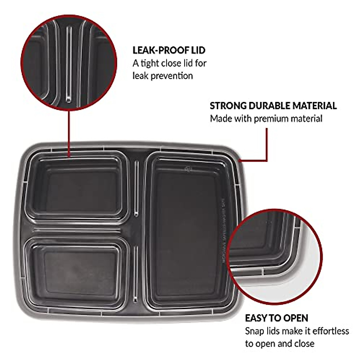 Reli. Meal Prep Containers, 32 oz. | 40 Pack | 3 Compartment Food Container w/Lids| Microwavable Food Storage Containers/To Go | Black Reusable Bento Box/Lunch Box Containers for Food/Meal Prep