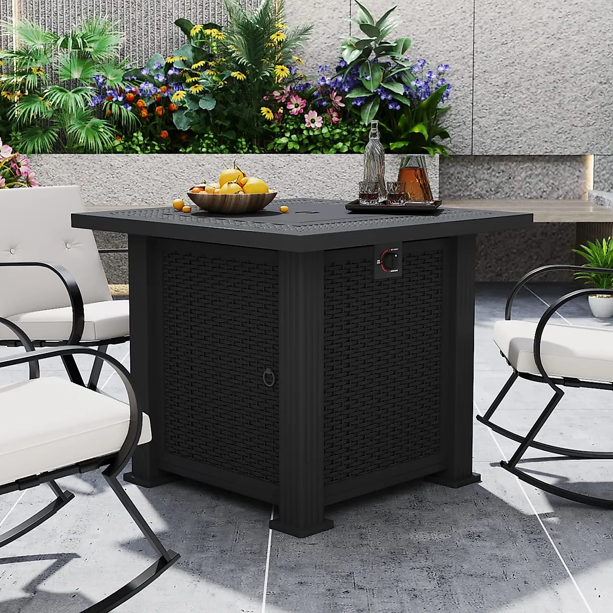 Greesum 28 Inch Outdoor Gas Fire Pit Table, 50,000 BTU Steel Propane Firepit with Lid and Lava Rock, Imitation Rattan Weave Texture, Add Warmth and Ambience to Parties On Patio Garden Backyard, Black