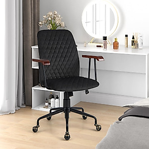 COSTWAY Velvet Office Chair, Upholstered Home Leisure Chair with Rubber Wood Armrests & 5-Claw Metal Base, Vintage Mid-Back Computer Desk Chair for Adult, Home, Office, Study (Black)