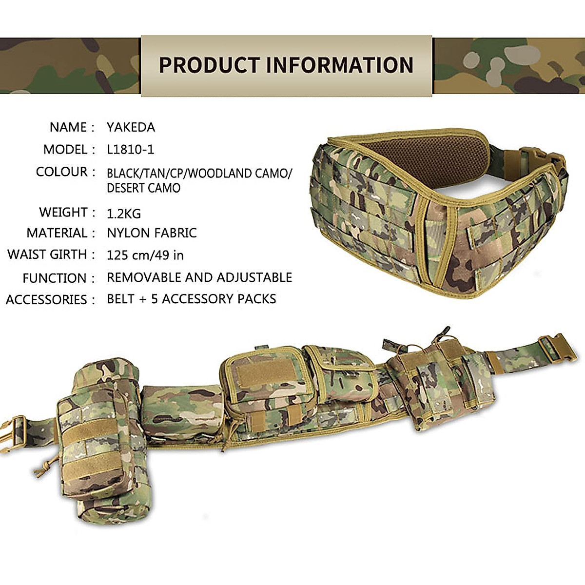 5 in 1 Tactical Duty Padded Belts for Law Enforcement Modular Heavy Equipment Police Duty Utility Belt with Pouches (CP)