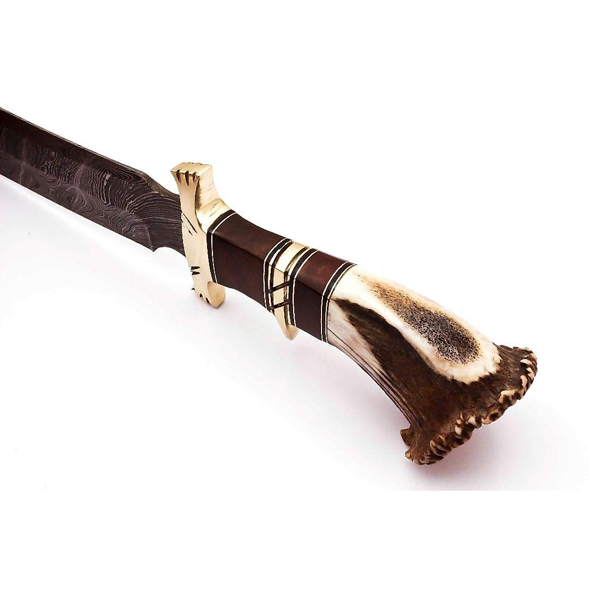 Skokie Knives Damascus Steel hunting Knife Stag Antler Handle with Burl Wood & Brass Guard –15” Handmade Premium Quality Sharp Edge Fix Blade - Genuine Multipurpose Knife – Ideal for Hunting, Camping