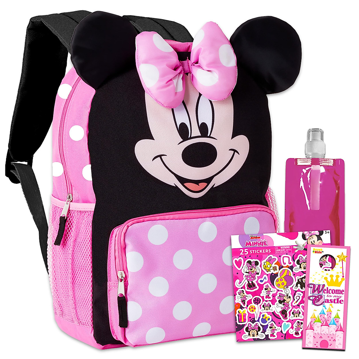 Minnie Mouse Backpack and Water Bottle for Kids Toddlers ~ Premium 14" Minnie School Bag with 3D Ears and Puffy Bow, Water Bottle, Stickers, and More (Minnie Mouse School Supplies Bundle)