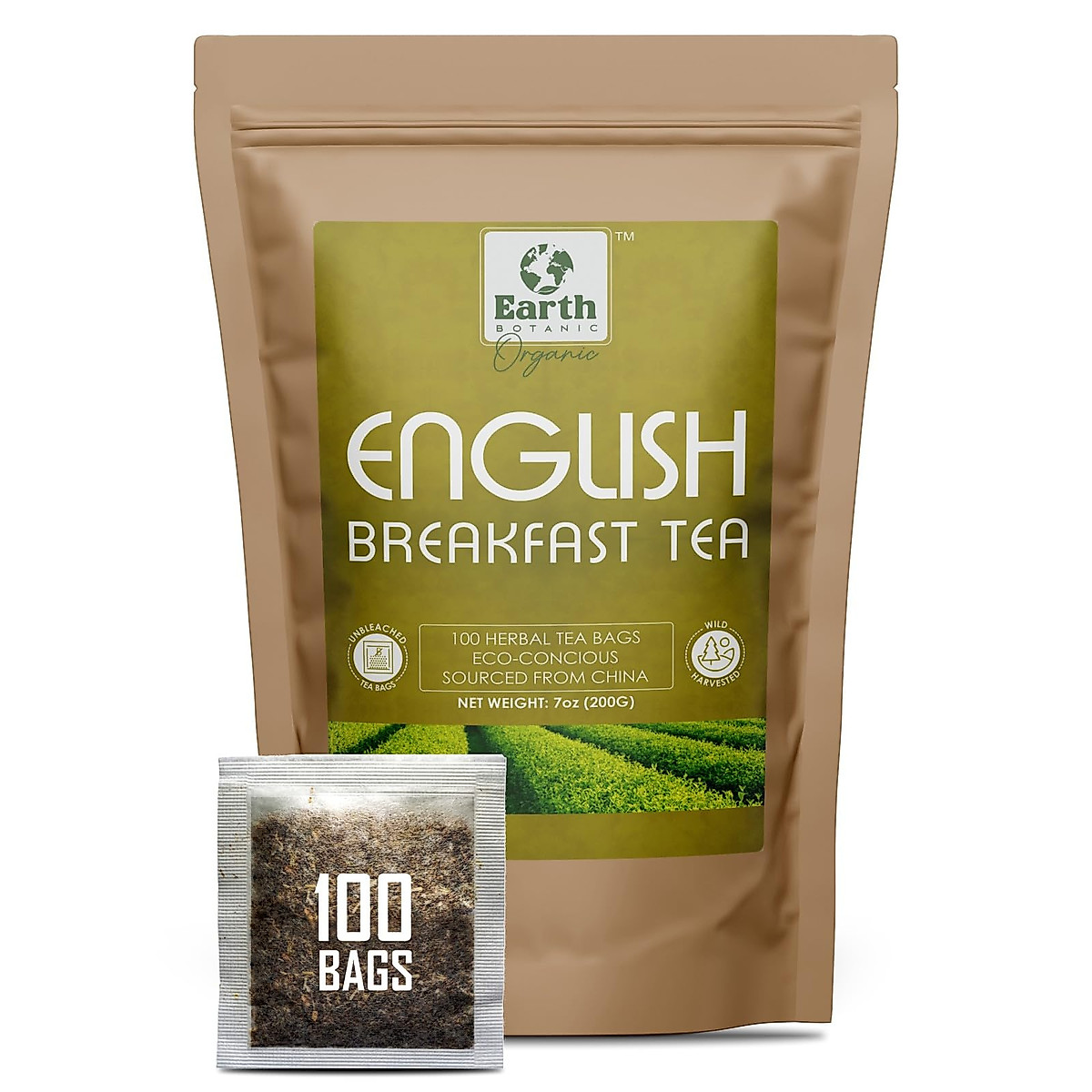 Earth BOTANIC Organic English Breakfast Black Tea Bags Chinese Keemun & Indian Assam Blend - Eco-Conscious Tea Bags in Kraft Bag - 100 Tea Bags