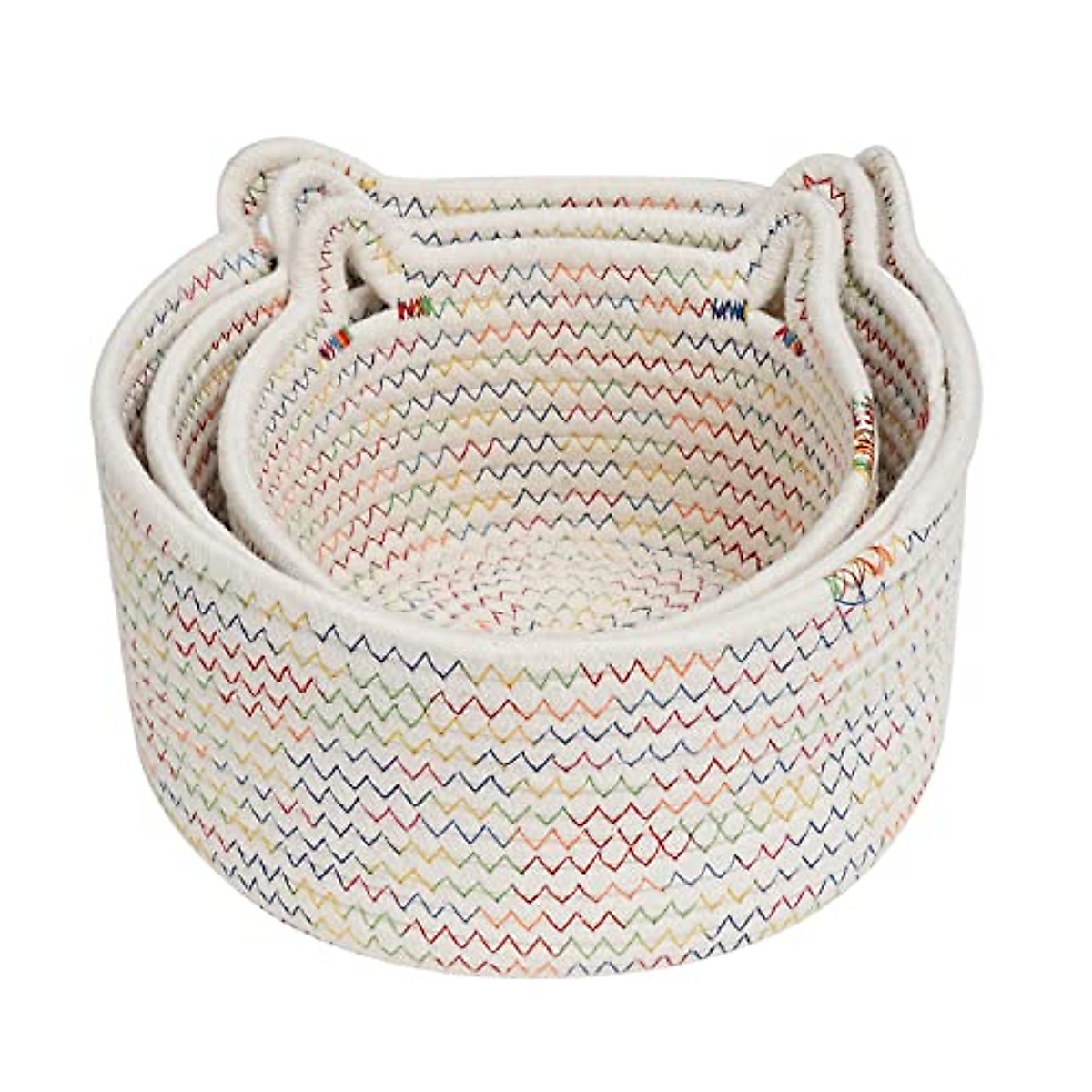 Hizibesty 3 Pack Cotton Rope Storage Baskets Bin Stackable Decorative Woven Basket with Cut Cat Ears Design for Clothes, Toy, Makeup, Books, Towels, Nursery