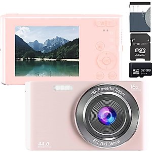 eDealz 44MP Digital Camera Compact Point and Shoot Camera with 32GB SD Card, 16X Digital Zoom, Kids Camera 2.4 Inch Screen, Vlogging Camera for Teens Students Boys Girls Seniors (Pink)