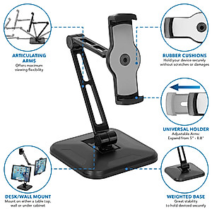 Mount-It! Adjustable iPad Wall and Counter Mount [Fits Screens 4.7" to 12.9"] 360 Degree Full Motion Rotation and Swivel Desktop Tablet and Phone Stand, Large Base, Holder Cabinet (Black)