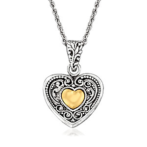 Ross-Simons Sterling Silver and 18kt Yellow Gold Bali-Style Heart Pendant Necklace. 18 inches