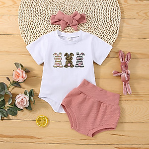 Fernvia Infant Baby Girls Easter Outfits Short Sleeve Rabbit Print Romper Elastic Waist Shorts with Hairband 3Pcs Clothes Set (A Pink, 6-12 Months)