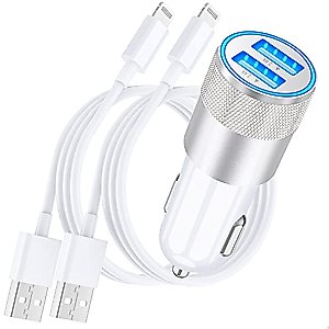 [Apple MFi Certified] iPhone Fast Car Charger, Rombica 4.8A Dual USB Smart Power Car Rapid Charger with 2 Pack Lightning to USB Quick Car Charging Cord for iPhone 14/13/12/11/XS/XR/SE/X 8/iPad/AirPods
