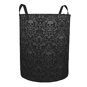 Waterproof Black Goth Gothic Skull Damask Pattern Circular Hamper Round Laundry Baskets Foldable Laundry Bags For Family/Kids/Bathroom/Bedroom/Dorm Medium