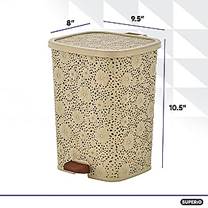 Compact Plastic Step-On Trash Can, Indoor and Outdoor Waste Bin with Foot Pedal, Beige Decorative Garbage Bin with Lace Design, 6 Qt Small Trash Can for Kitchen, Bathroom, Bedroom, Patio, Yard