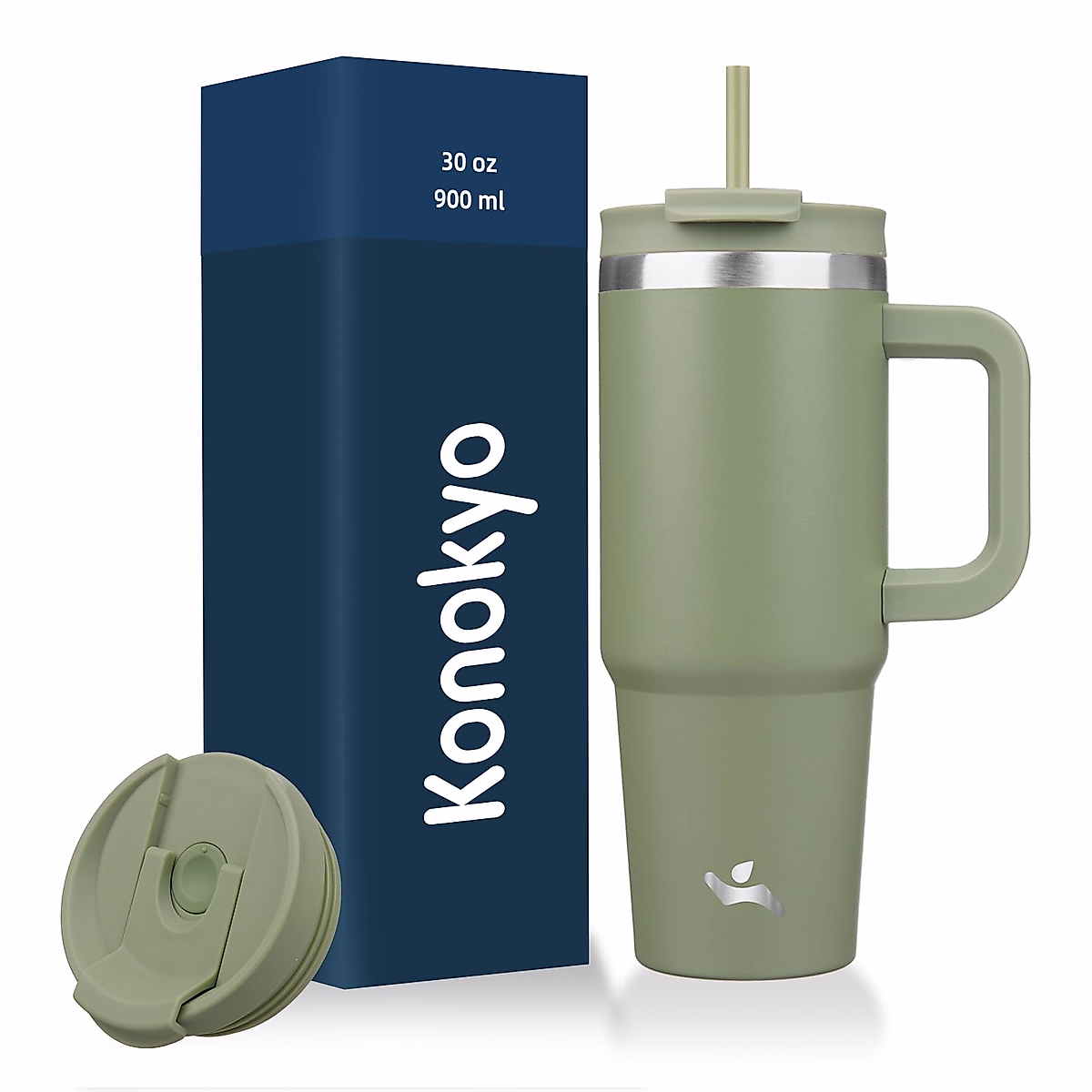 Konokyo 30 oz Tumbler with Handle and 2 Straws,2 in 1 Lid Insulated Water Bottle Stainless Steel Travel Coffee Mug,Army Green