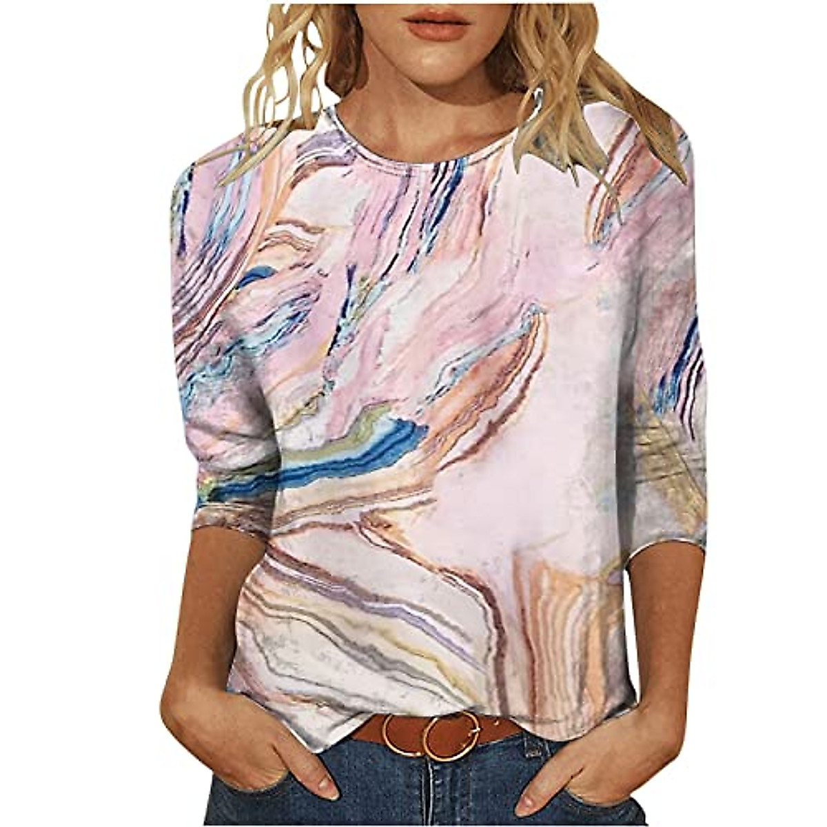 Running Tank Tops for Women 3/4 Sleeve Tops Cute Trendy 2023 Spring Shirts Graphic Tees Casual Regular Fit Crewneck Marble Print Blouse
