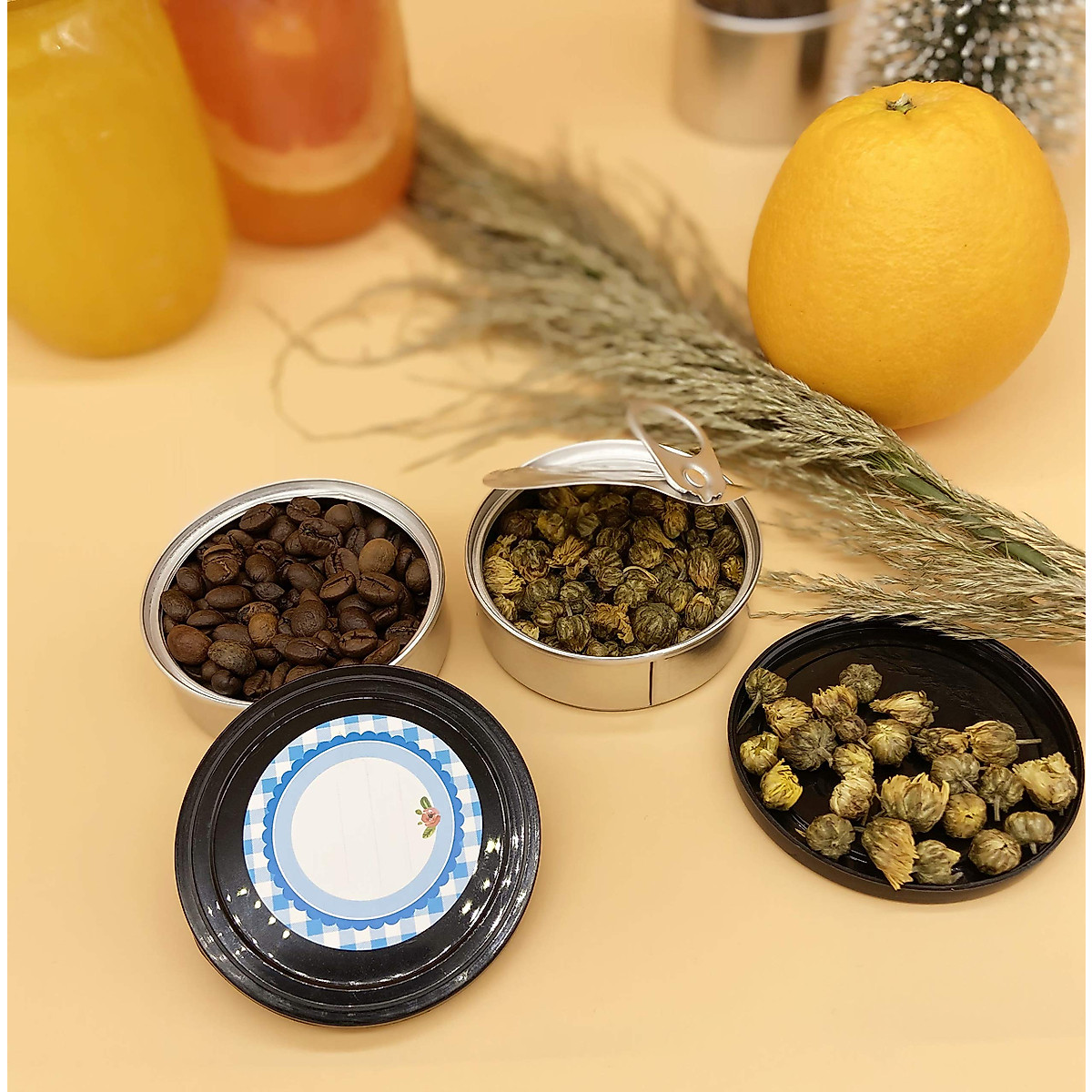 YEEPON 40sets Cali Self-seal Tin Can with Lid - Tuna Can Hoop Ring - NO TOOLS NEEDED + 48Pieces can Labels【100ml/3.5 (40sets) (3.5, 40)