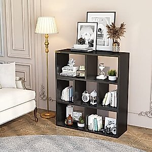 MIN WIN 7 Cube Storage Organizer,3 Tier Wood Bookshelf Free Combination Cubby Bookcase Open Standing Book Shelf Cabinet Display Cube Shelves TV Console Stand for Study Living Room,Black
