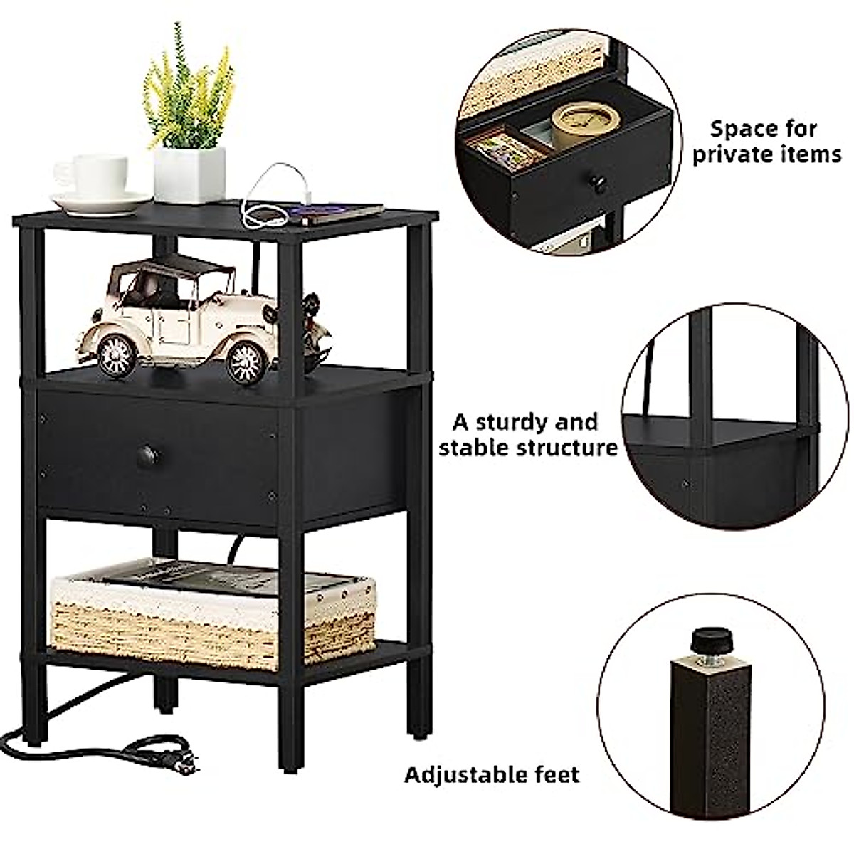 Lerliuo Nightstand with Charging Station and USB Ports, 3-Tier Storage End Table with Drawer Shelf, Night Stand for Small Spaces, Wood Bedside Table for Living Room, Bedroom - Classic Black