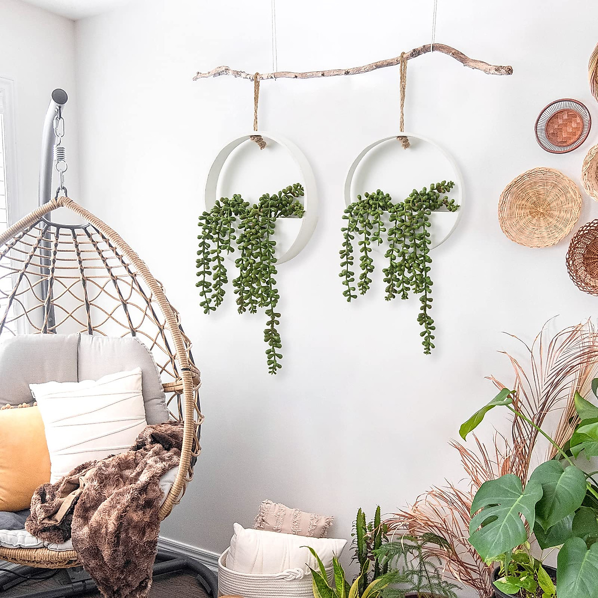 CEWOR 2pcs Artificial Hanging Succulent Plants, Fake String of Pearls in Pot with Lanyard Boho Wall Decor for Bathroom Living Room Home Indoor Outdoor Decorations, White