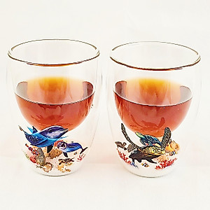 OKEA Marine Life Double-Wall Glass Cups 2 PC – Sea Turtle & Dolphin Design with Sand and Shells Inside – 250ml Insulated Coffee Mugs