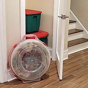 HOMZ Set of 3 Holiday Wreath Plastic Storage Containers, Holds Up to 24” Diameter, Secure Latching Lid and Easy Grip Handle, Stackable and Nestable, Red/Clear