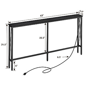 ELYKEN 5.9" Narrow Console Sofa Table with Power Outlets, 5.9" Dx63 Wx31.5 H Long Skinny Behind Couch Table with “X” Cross Metal Frame and Charge Station with 6.5’ Extension Cord, Black