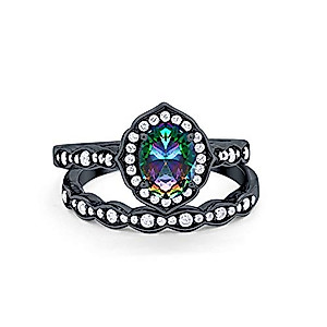 Blue Apple Co. Two Piece Art Deco Vintage Style Wedding Engagement Bridal Set Ring Band Oval Round Black Tone, Simulated Rainbow Cubic Zirconia 925 Sterling Silver Size-5