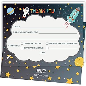 Koko Paper Co Space Multiple-choice Fill-in Thank You Cards | 25 Flat Cards and 25 Bright White Envelopes | Printed on Heavy Card Stock.