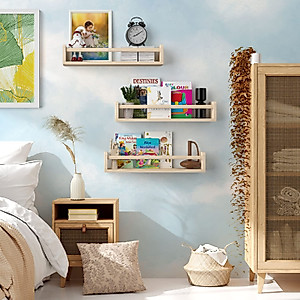 ZCO Floating Nursery Book Shelves for Wall Set of 3, 24 Inch Wall Mounted Wood Book Shelf for Living Room, Bedroom Decor, Kitchen Spice Rack, Small Farmhouse, Natural