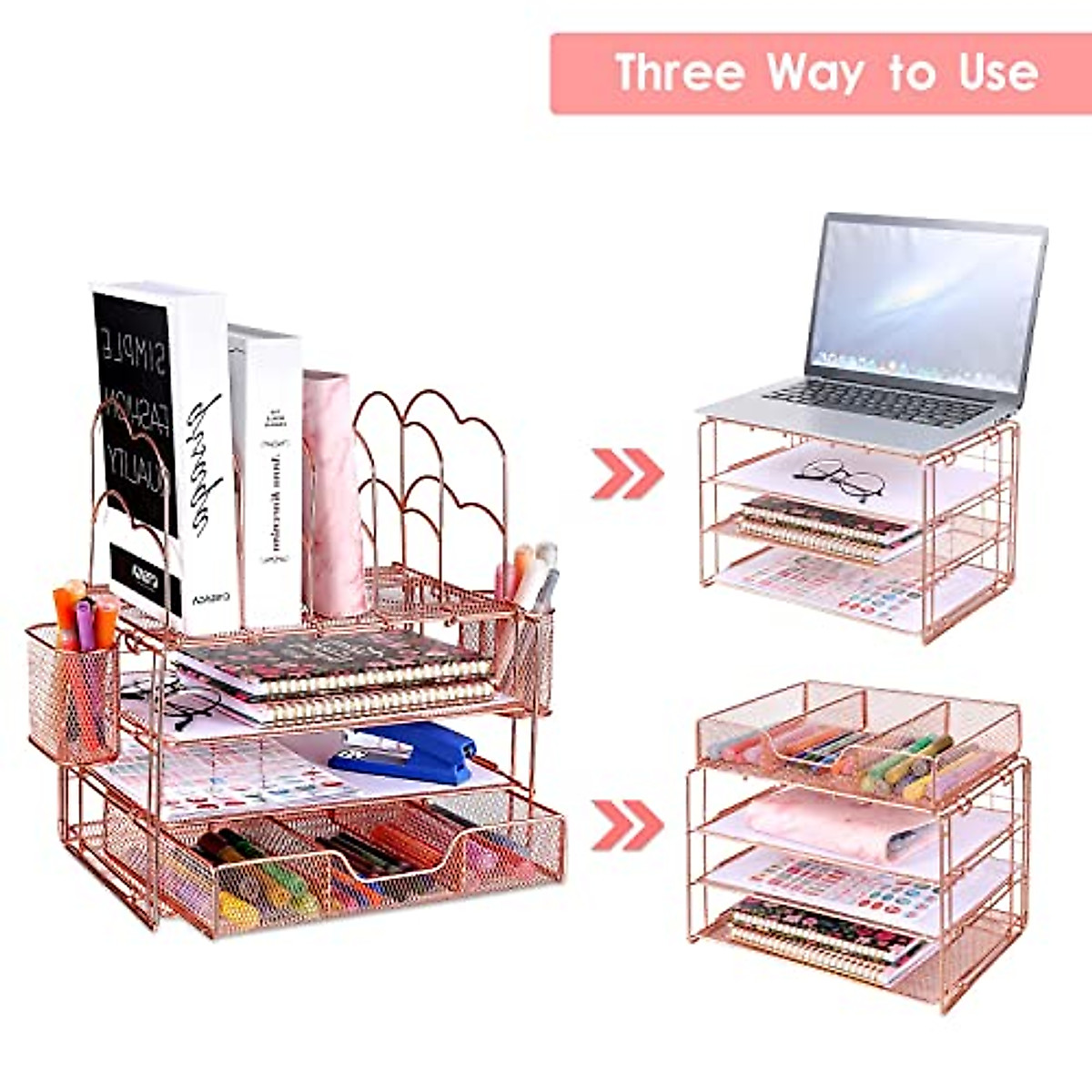 Desk Organizers and Accessories, 4 Tier Desk Organizers with 5 Upright Sections, 2 Pen Holders and Drawer, Desk accessories & workspace organizers, for School Home Office Supplies Organizer, Rose Gold