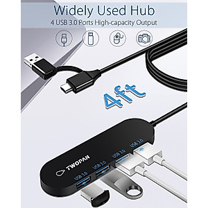 TWOPAN 4 Port USB C Hub with 4 ft Extended Cable, Ultra Slim USB 3.0 Hub for Laptop, High Speed USB Port Splitter for iMac, MacBook Pro/Air, Surface Pro, XPS, Desktop, Flash Drive, Mobile HDD, Printer