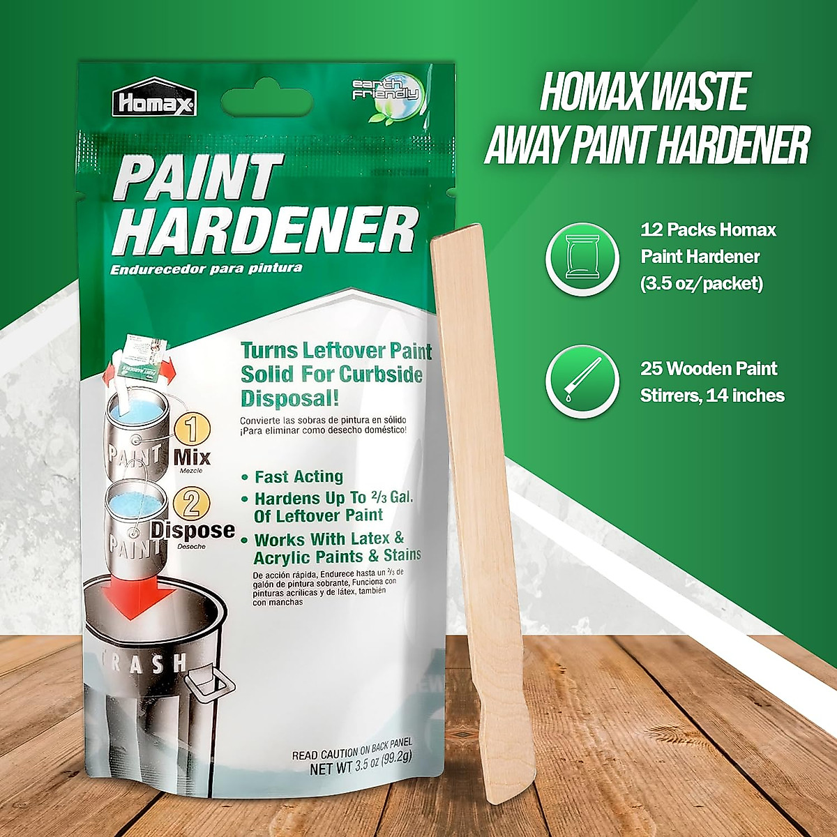 HOMESPHERE Homax Waste Away Paint Hardener, 12 Packs, 3.5oz – Fast Acting Paint Solidifier for Disposal - Paint Drying Powder for Acrylic & Latex Paint with 25 Pcs. of 14 Inch Wooden Stir Sticks