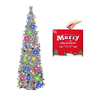 MACTING Christmas Pop up Tree with 50 LED Lights 5FT Silver Collapsible Easy-Assembly Coastal Glitter Tinsel Pencil Tree for Porch Apartment Corner Home Holiday Party Christmas Decorations