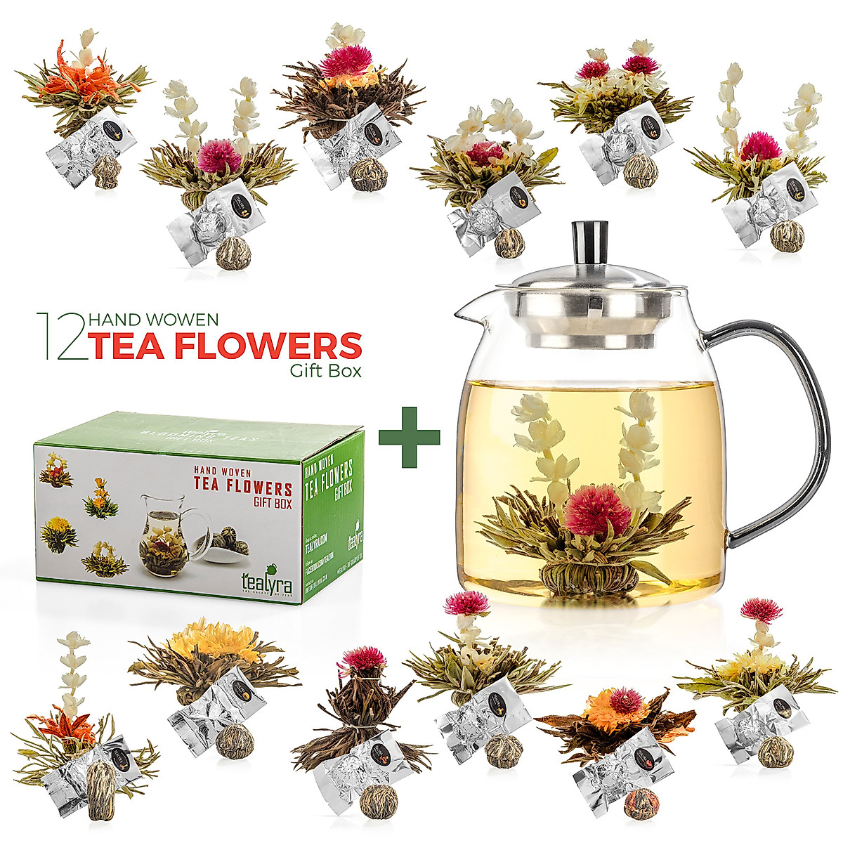 Tealyra - 12 pcs Blooming Tea and 30.5-ounce Glass Teapot Set - 12 Variety Flavors of Finest Flowering Teas - All Tea Balls Individually Sealed - Great Gift Bloom Teas Box